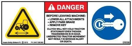 BEFORE LEAVING MACHINE REMOVE KEY "TRACTOR" (Horizontal)